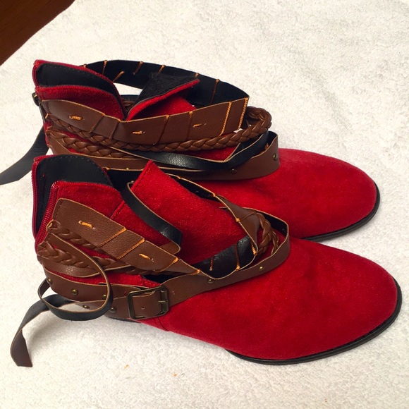 Shoes | Cute Strappy Red Boots With Brown Straps | Poshmark